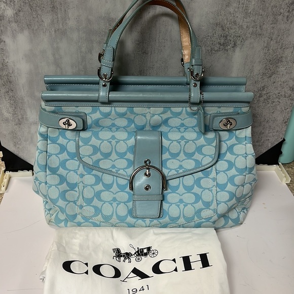 Coach | Bags | Coach Large Blue Logo Tote Silver Hardware Outside ...